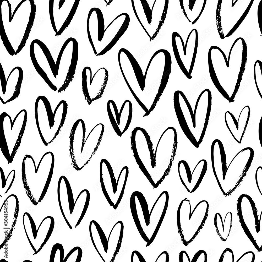 Heart seamless pattern. Black and white ink brush hearts hand drawn ...