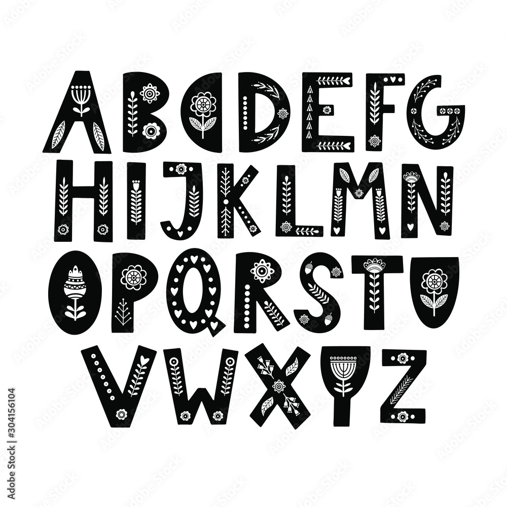 Alphabet hand drawn letters in folk style. Scandinavian style font ...