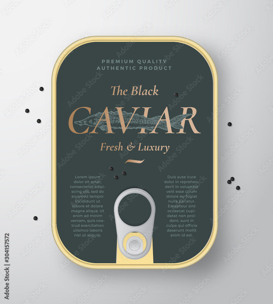 Black Caviar Seafood Vector Can Container with Label Cover Template ...