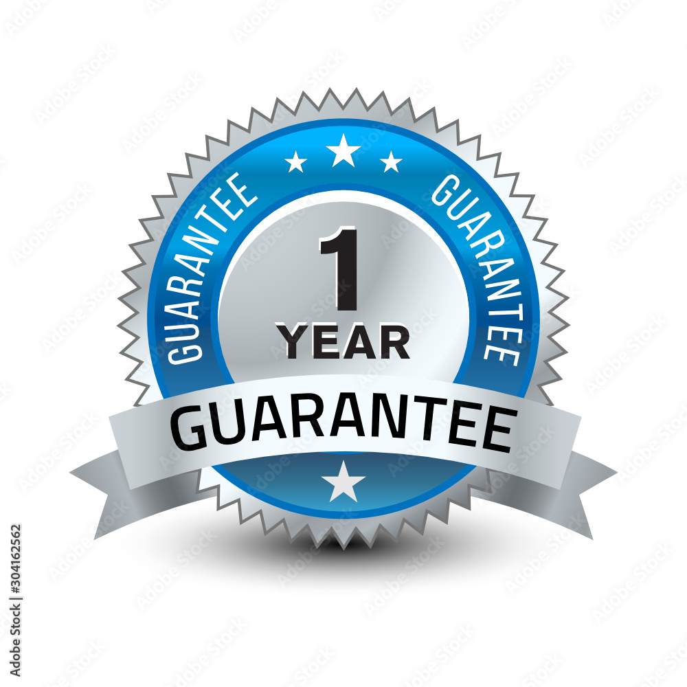 Steel blue 1 year guarantee badge with ribbon isolated on white ...