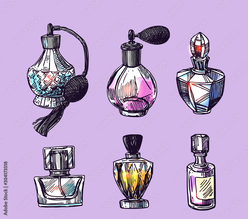 Fragrance bottles vector illustration. Hand drawn sketch style image ...