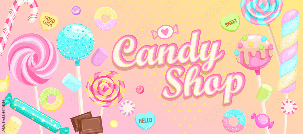 Candy shop welcome banner with sweets. Inviting poster-candy,macaroon ...