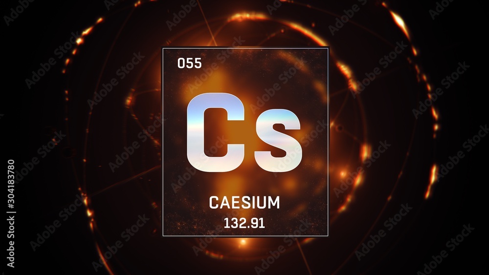 3D illustration of Cesium as Element 55 of the Periodic Table. Orange ...
