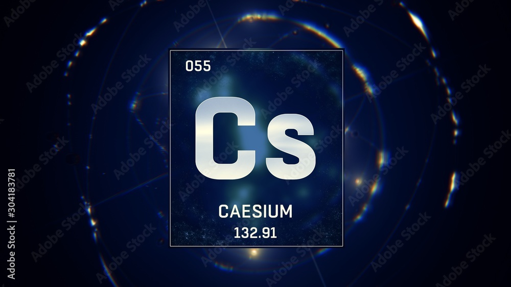 3D illustration of Cesium as Element 55 of the Periodic Table. Blue ...