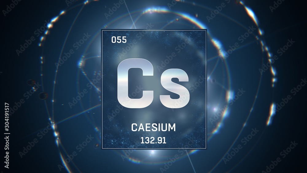 3D illustration of Cesium as Element 55 of the Periodic Table. Blue ...
