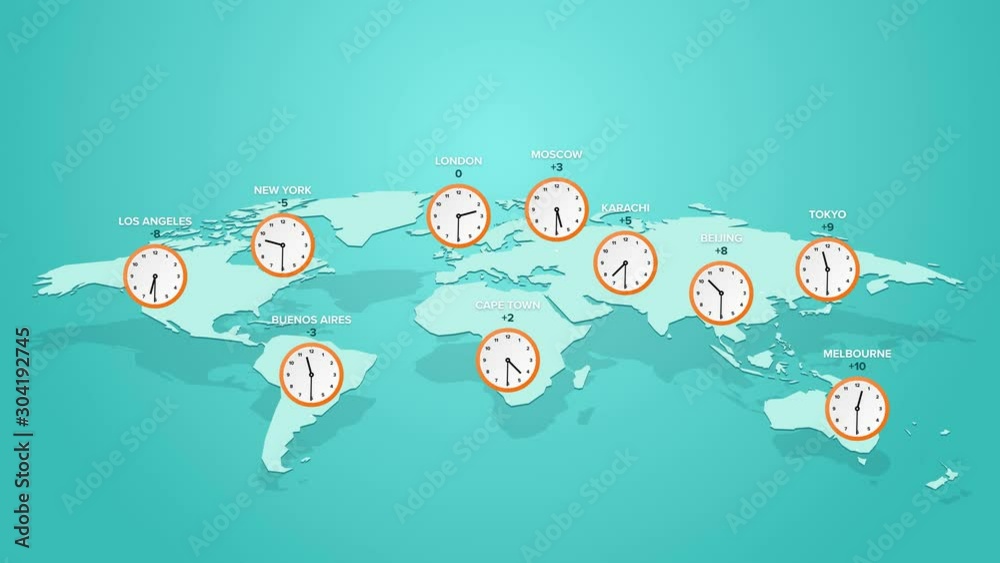 world map with a clock with selected major cities in different time ...
