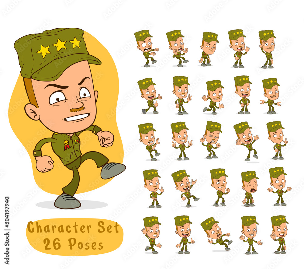 Cartoon funny army soldier boy character with cap and medal in ...