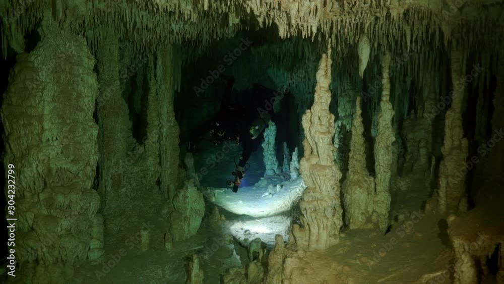 Cave diving in underwater caves of Yucatan Mexico cenotes. Divers in ...