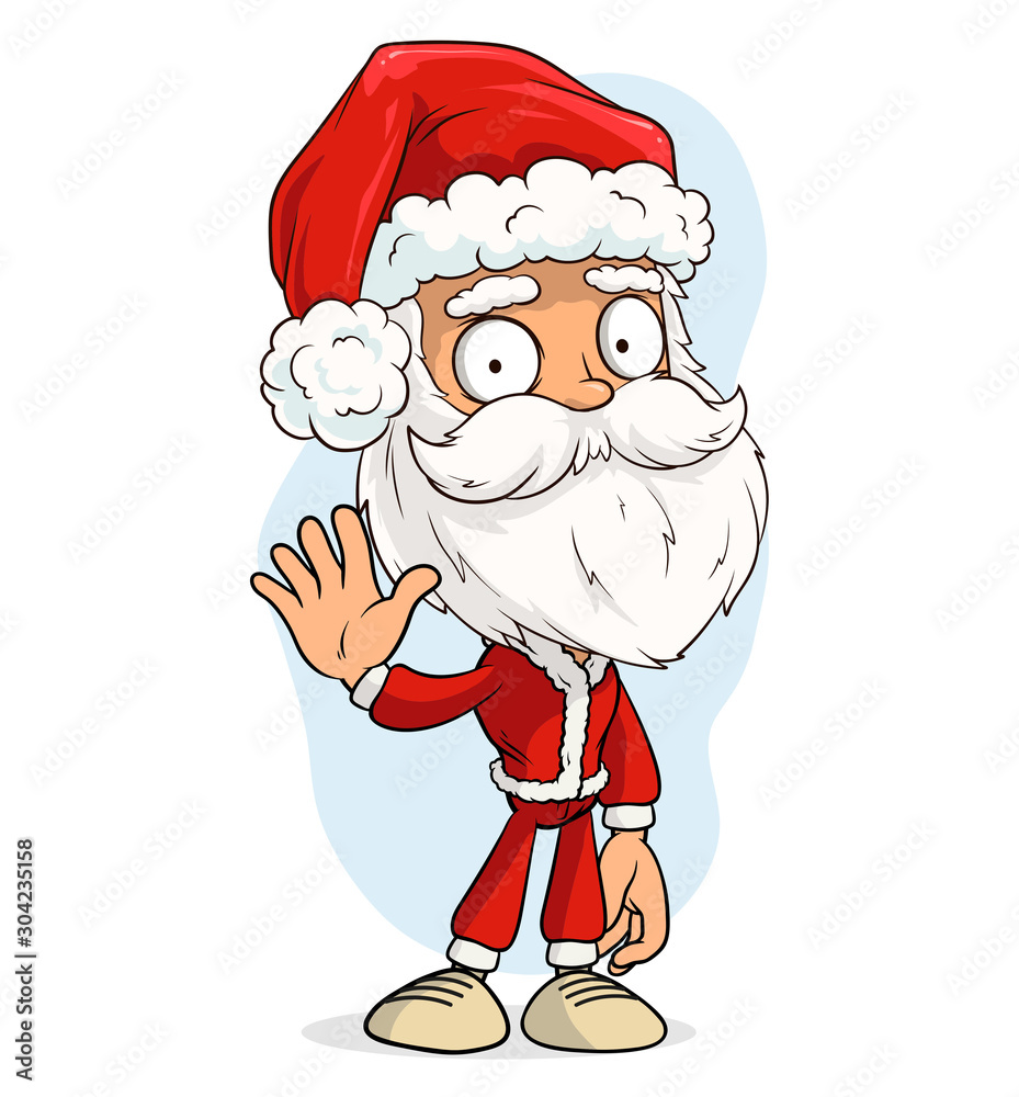 Cartoon cute funny bearded Santa Claus in red costume and cap showing ...