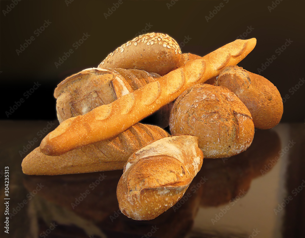 pain,, assortiment, aliment, boulangerie, isolé, miche, blanc, chignon ...