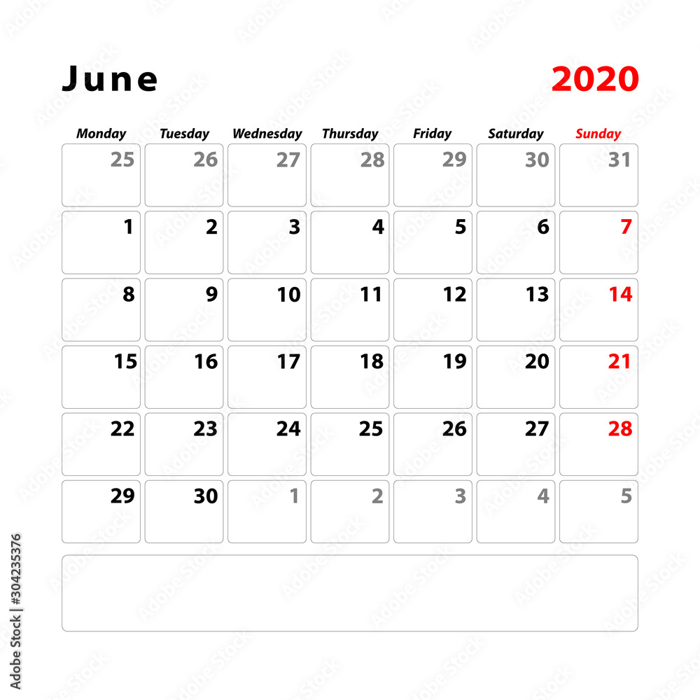 Calendar planner sheet for the month of june 2020. Week starts on ...