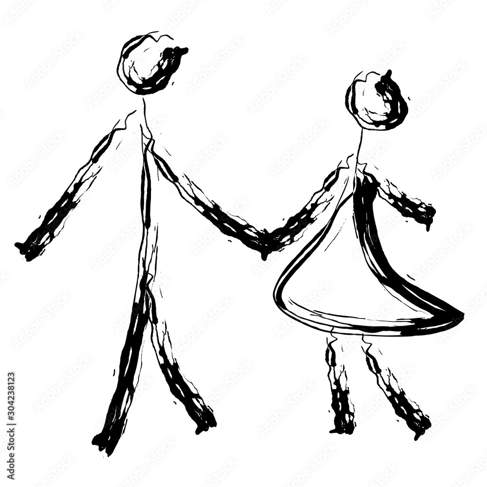 Walking man, woman. Hold hands. Black lines, simple brush drawing ...