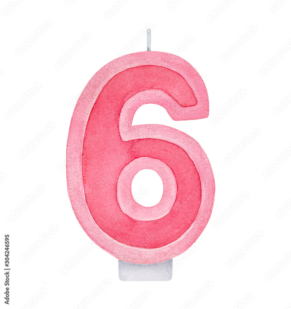 Watercolour drawing of pink "Number 6" candle, decorated with ...