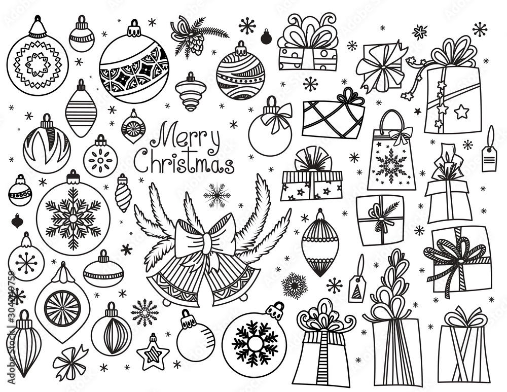 Christmas doodle collection. Hand drawn cartoon gift boxes in various ...