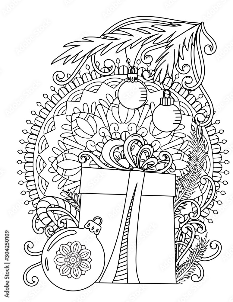 Christmas mandala coloring page. Adult coloring book. Holiday gift ...