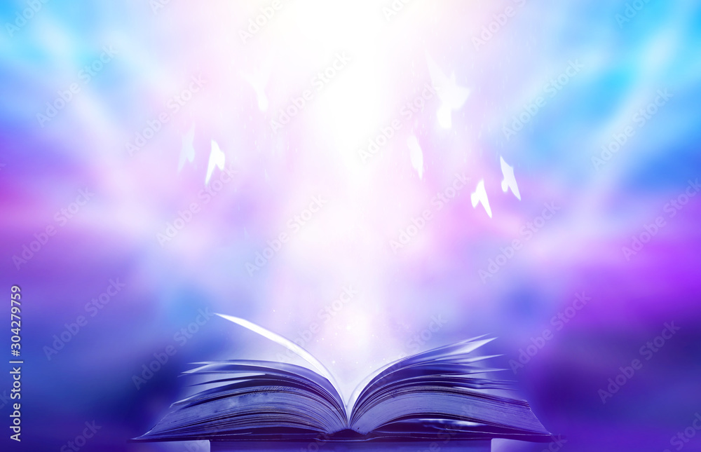 Imagine a picture book of an ancient book opened on a wooden table with ...