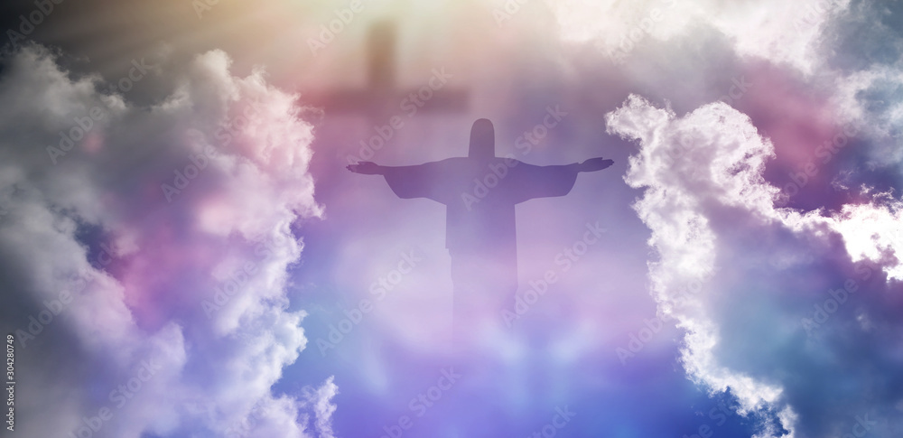Jesus appeared bright in the sky and Christian Cross with soft fluffy ...