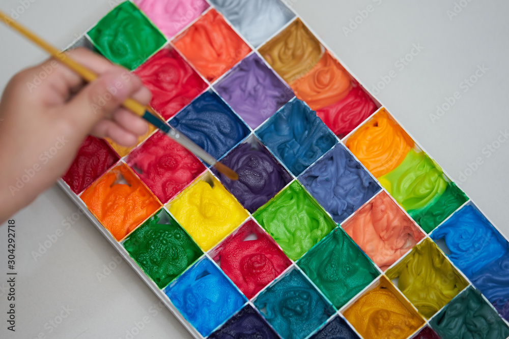 square color palette and blur hand held brush for art work Stock Photo ...