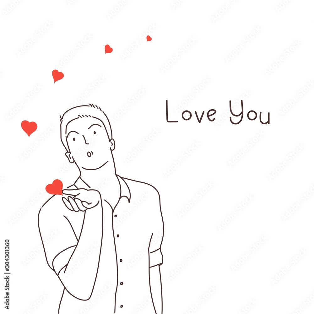 Man blowing a kiss with hand. Line drawing vector illustration. Stock ...