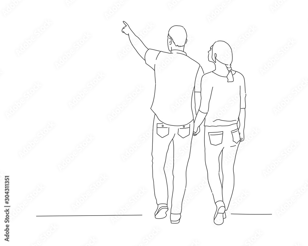Sketch of walking young couple. Man pointing. Rear view. Line drawing ...