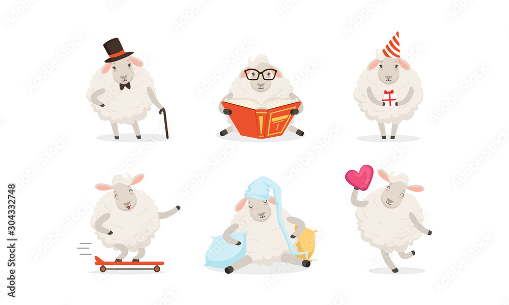 Cute Cartoon Sheep Vector Set. Farm Wooly Character Reading Book Stock ...