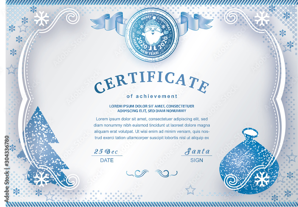 Christmas white certificate with Santa Claus. Winter frozen background ...