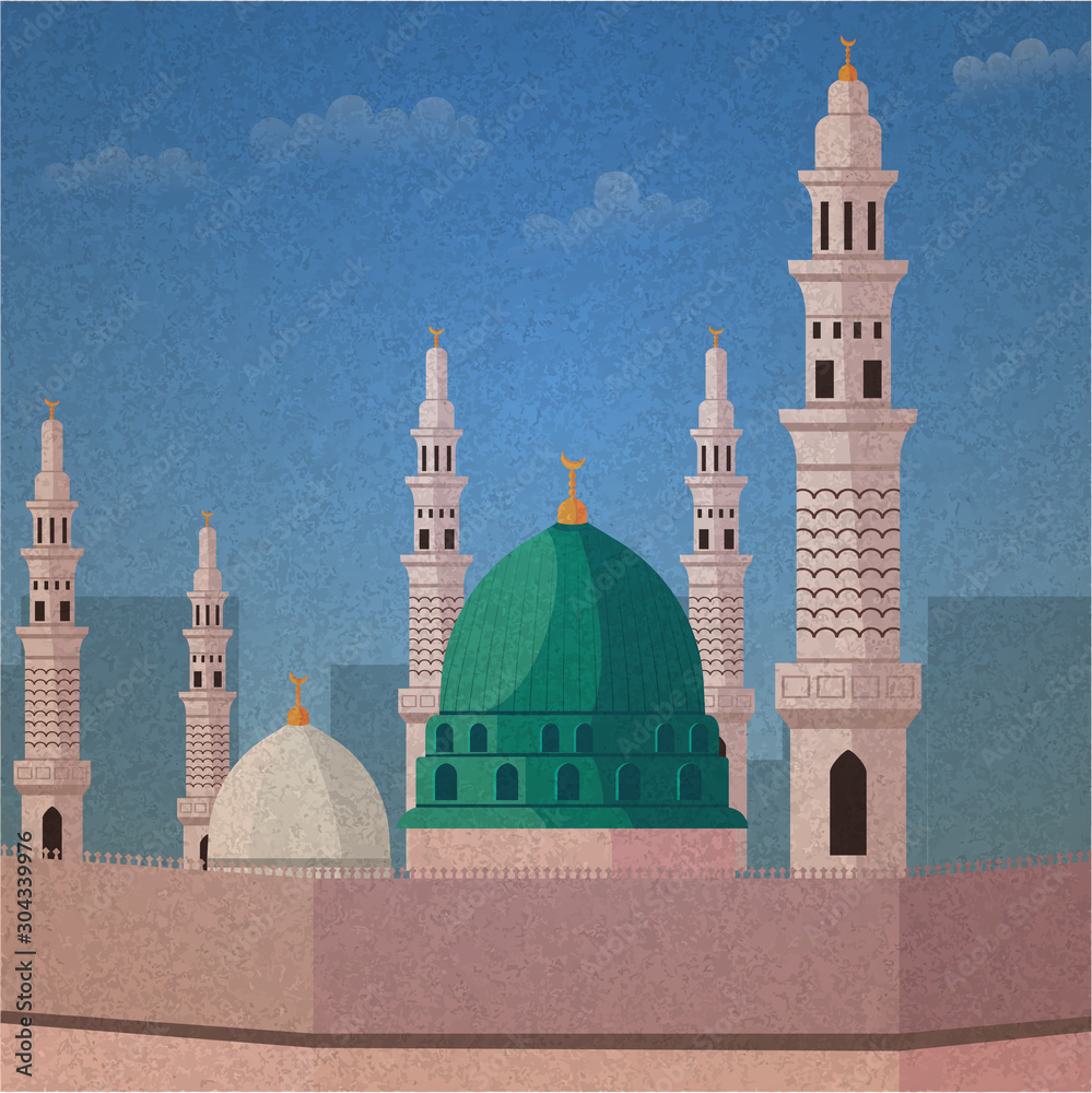 Nabawi Mosque Green Dome in Medina Vintage Illustration Stock Vector ...