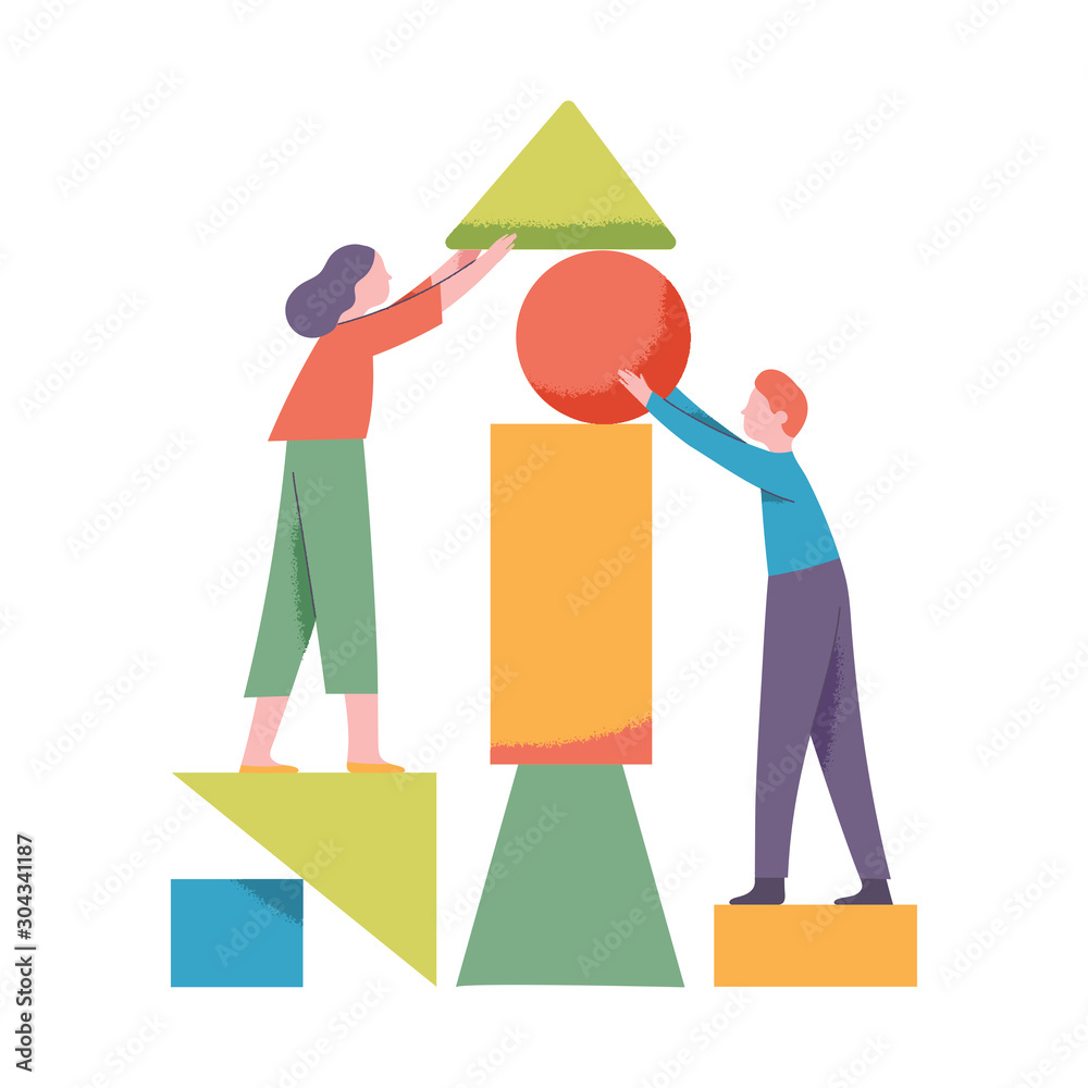 men and women as a team build geometry buildings of various fields, the ...