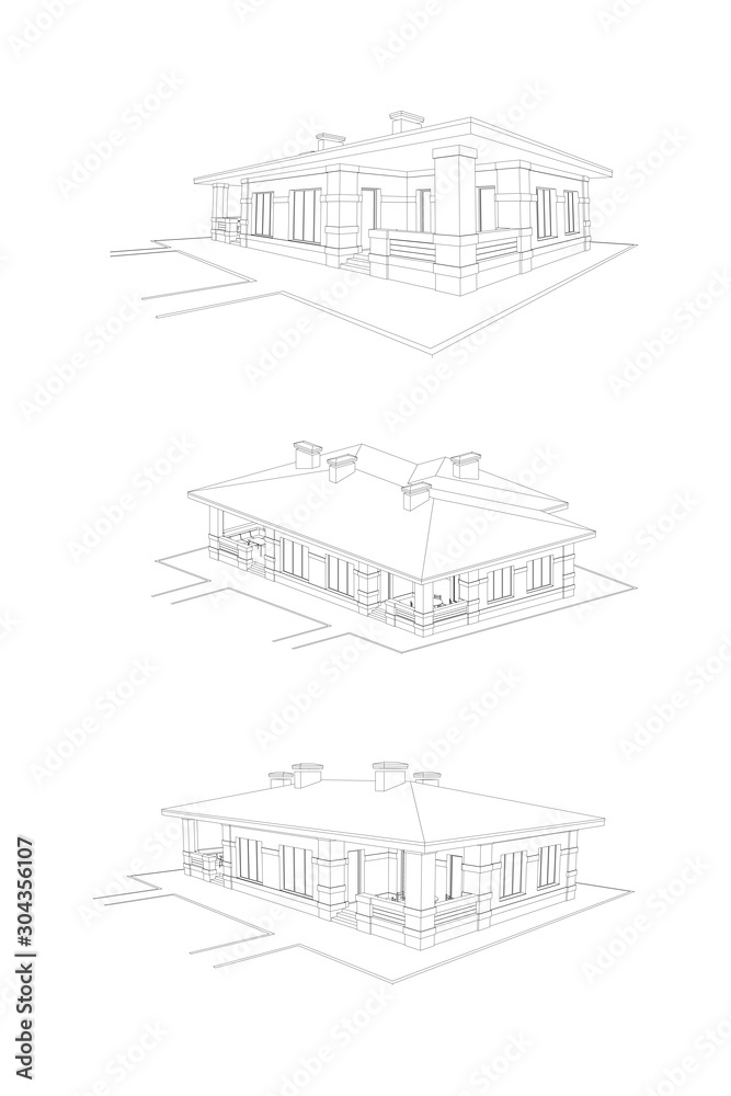Vector set of private house facades, detailed architectural technical ...