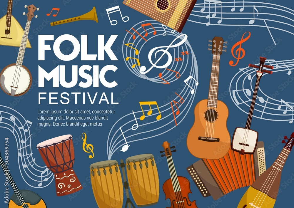 Folk music bands festival poster, musical instruments and note staff ...