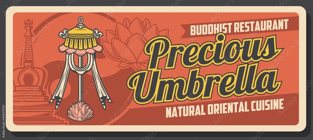 Buddhism religious culture, oriental cuisine restaurant retro poster ...