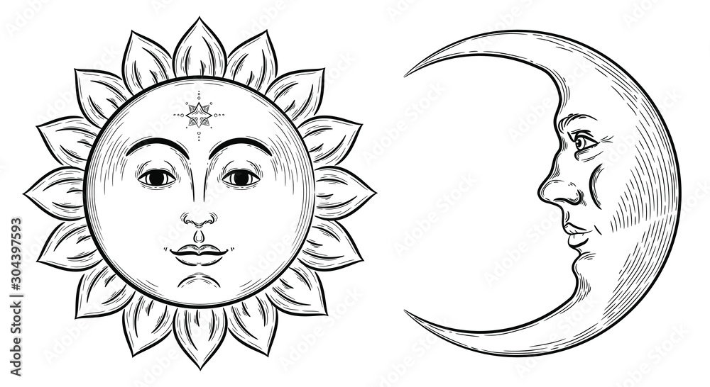 Vector hand drawn illustration of sun and moon symbols, sketch style ...