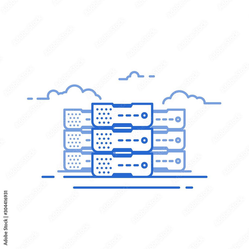 Server room rack. Line style server hardware with clouds on background ...
