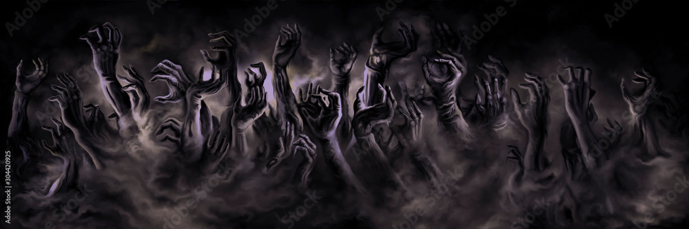 Zombie hands banner/ Illustration horror zombie hands in a mist ...