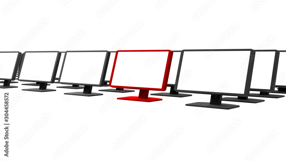 Row of pc monitors render, lots of rows of blank black pc screens ...