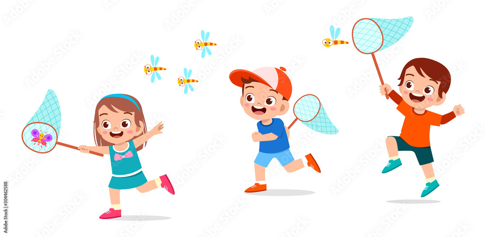 happy cute kids boy and girl catch bug Stock Vector | Adobe Stock
