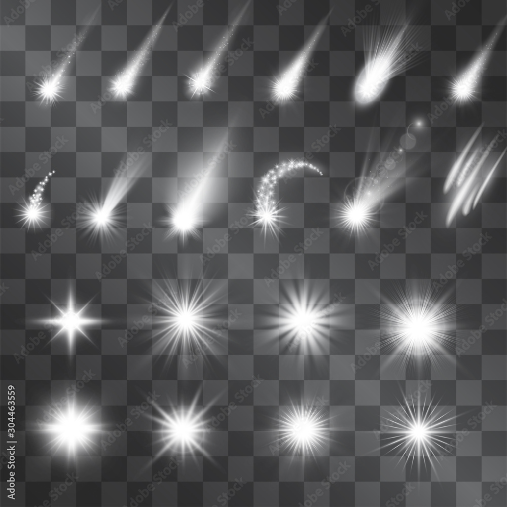 Vector silver sparkle light effect, meteorites, shooting stars ...