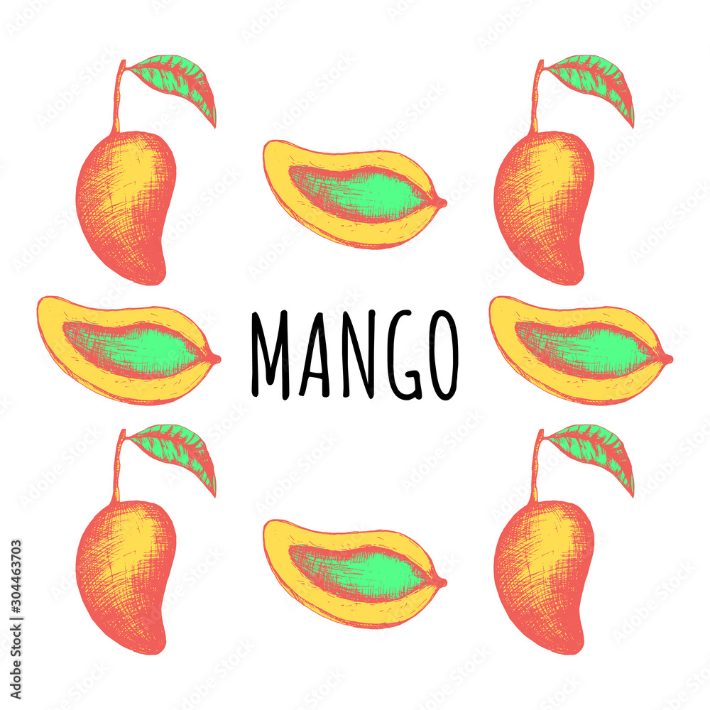 Stock vector illustration with mangoes fruits. Creative template with 8 ...