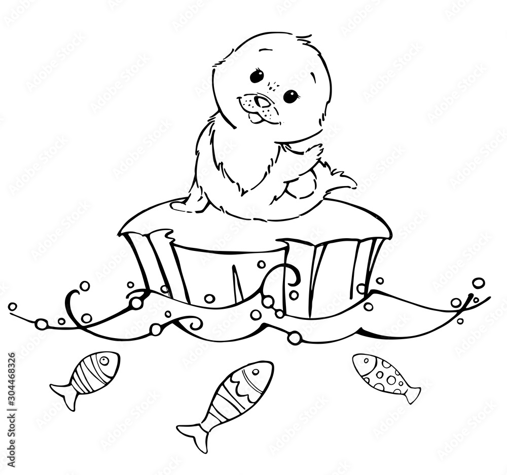 Seal a small. floats on an ice floe . Outline drawing, on a white ...