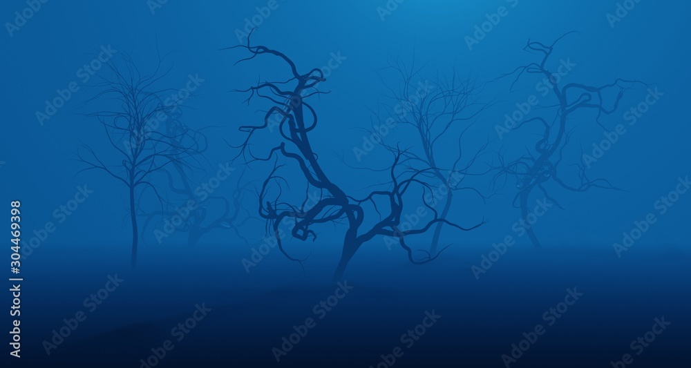 Withered, dead, crooked tree. Surreal blue smoke, fog. Abstract concept ...