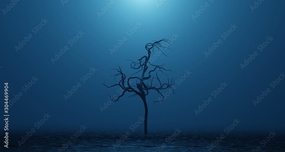 Withered, dead, crooked tree. Surreal blue smoke, fog. Abstract concept ...