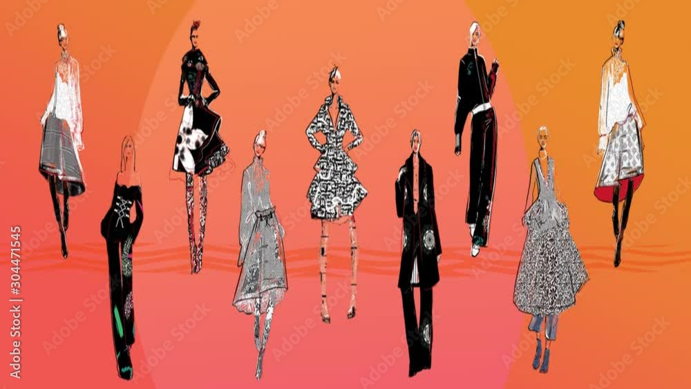 ANIMATED FASHION ILLUSTRATION OF RUNWAY MODELS SHOWCASING DIFFERENT ...