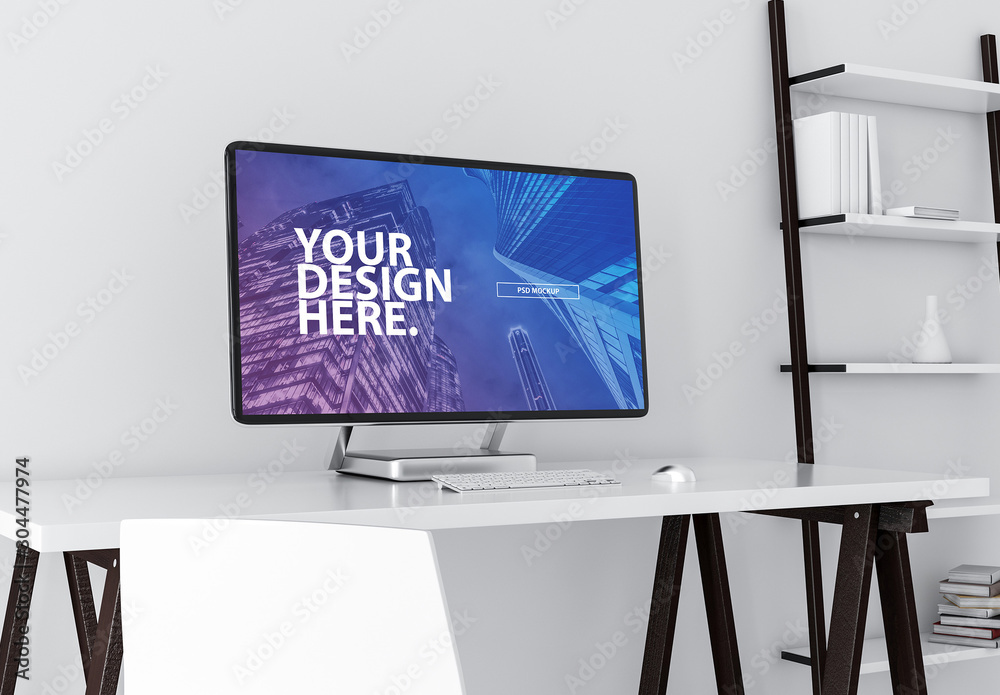 Pc with Display Mockup on White Table Stock Template | Adobe Stock