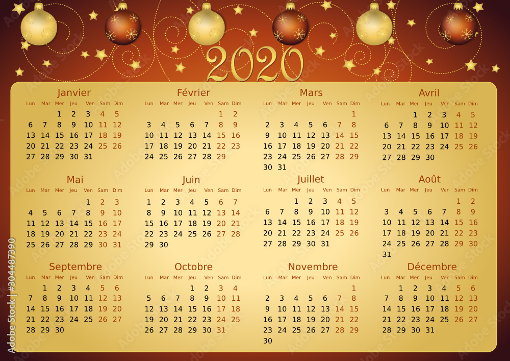 Calendrier 2020 simple - facilement éditable Stock Vector | Adobe Stock