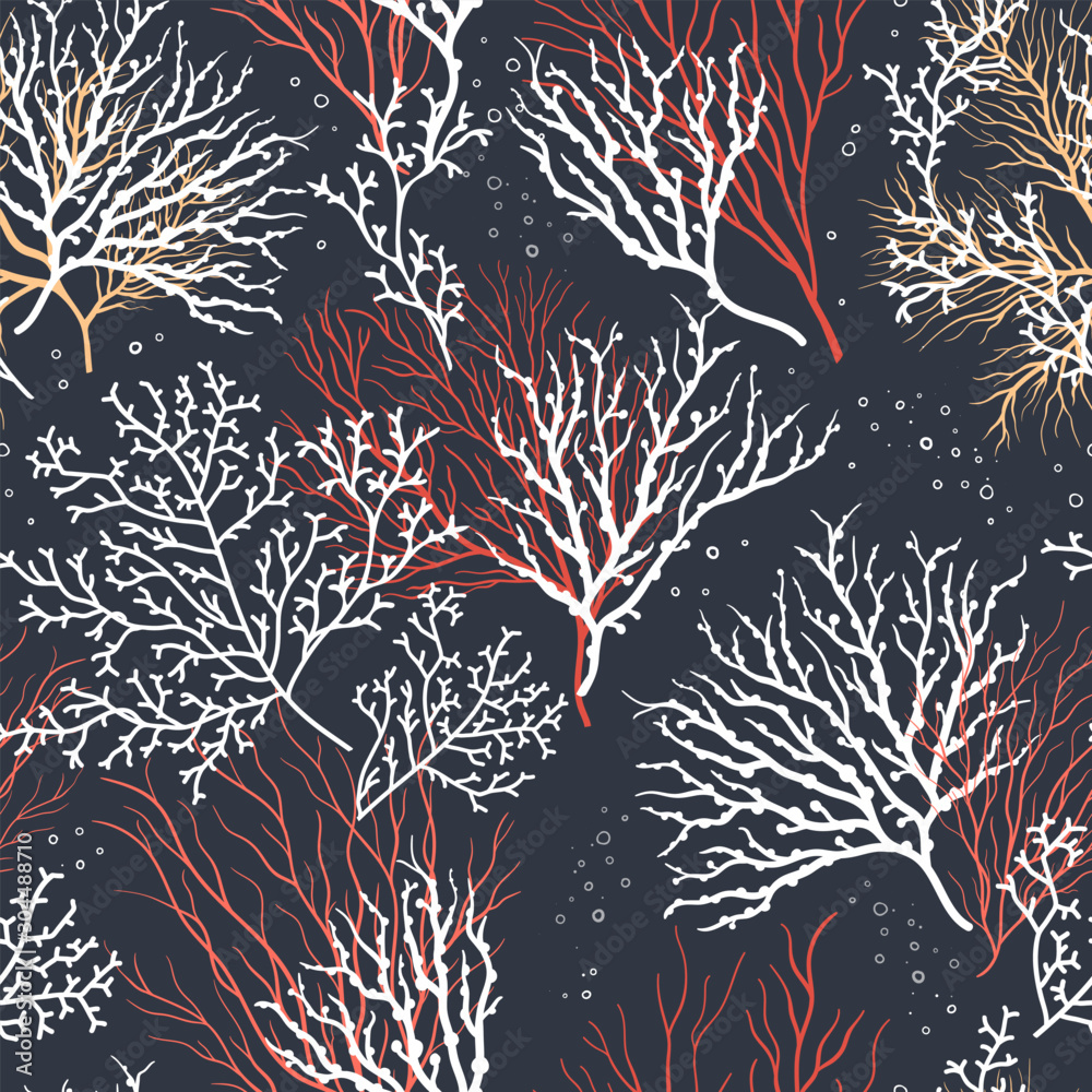 Beautiful Hand Drawn corals seamless pattern, underwater background ...