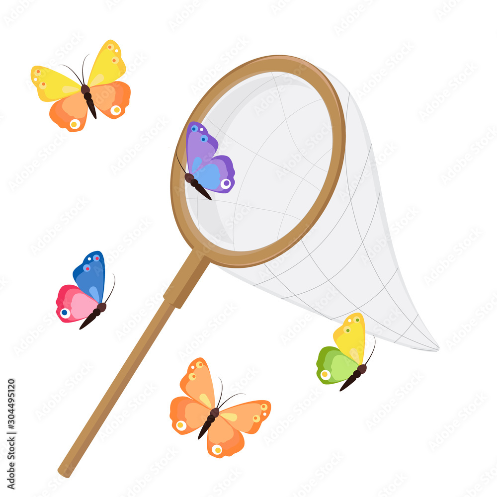 Butterfly net and colorful butterflies. Classic net design, wooden ...
