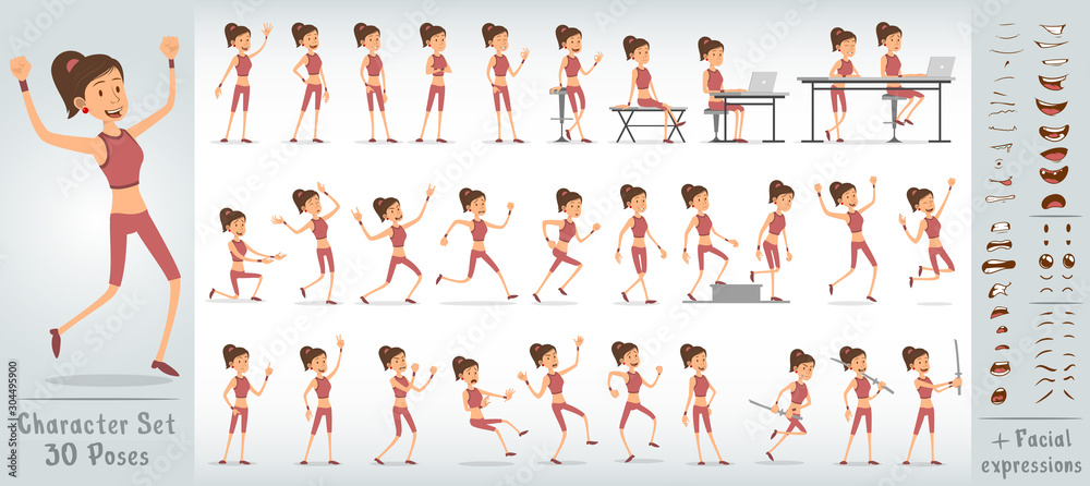 Cartoon funny cute sport girl character in pink shirt and shorts. 30 ...