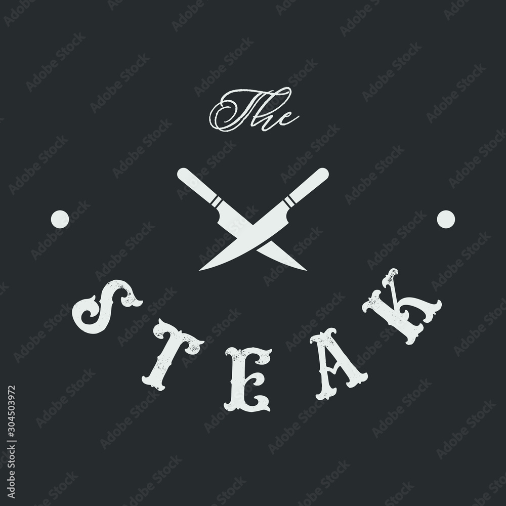 Steak house set logo with grill, steak, knife, meat, wine and beer. A ...