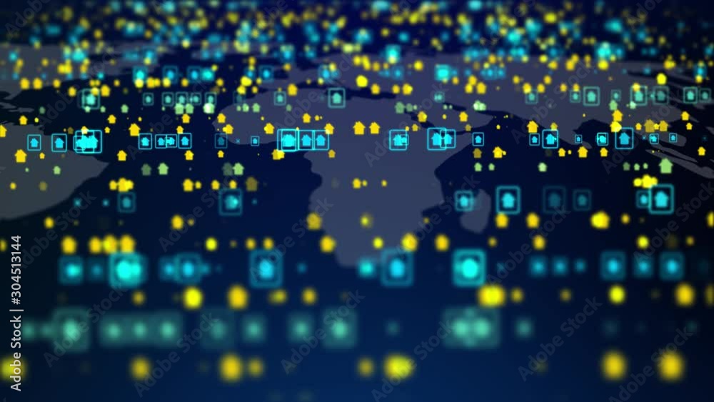 Digital animation with houses. neon background with energy flows.Smart ...