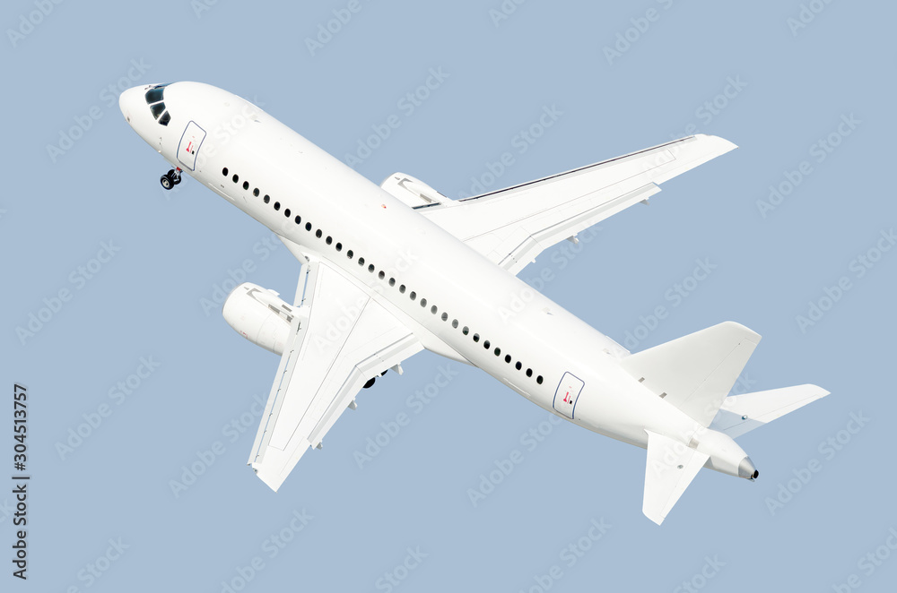 airplane with aircraft gear down isolated on sky color background ...